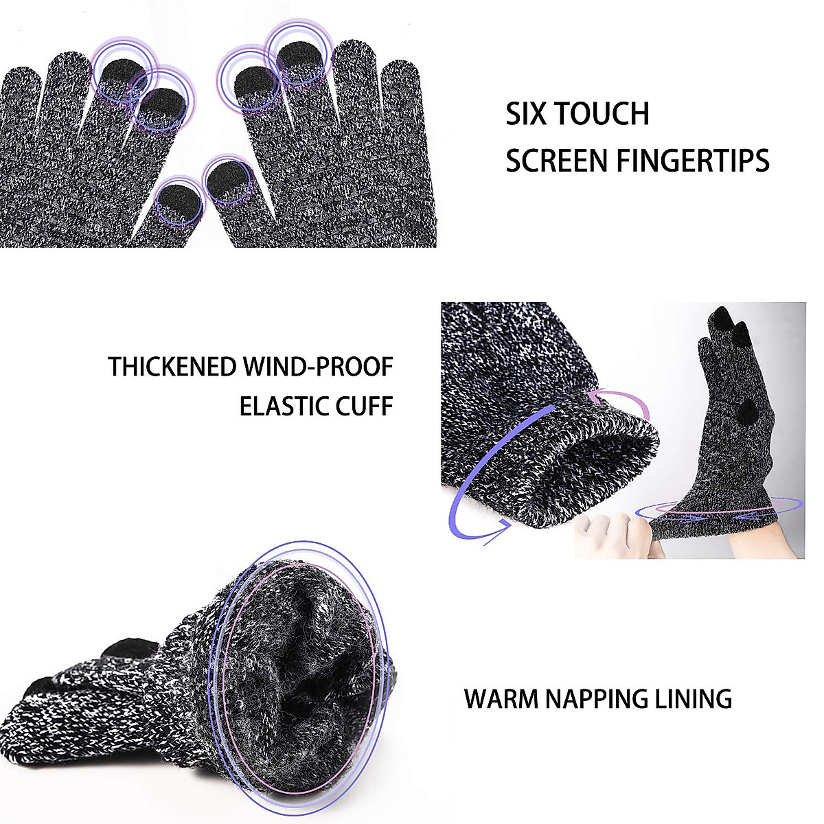 TRENDOUX Unisex Touchscreen Winter Gloves - Elastic Cuff, Thermal Lining, Stretchy Material - Black, White