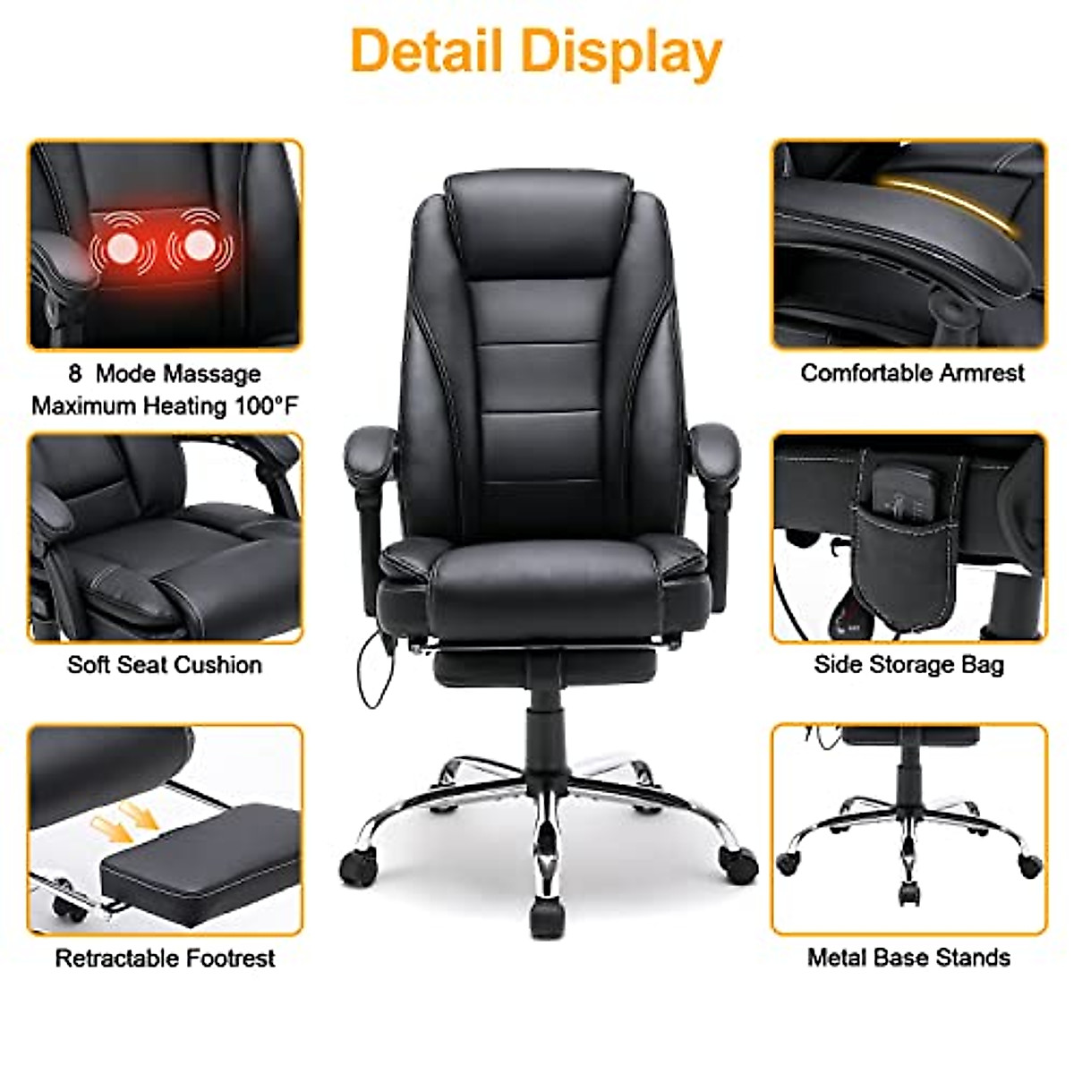 HOMREST Executive Office Chair, Ergonomic High Back Cushion Lumbar Back Support, Computer Desk Chair, Reclining Office Chair with Foot Rest, Padded Armrest, Adjustable Height, Massage and Heated