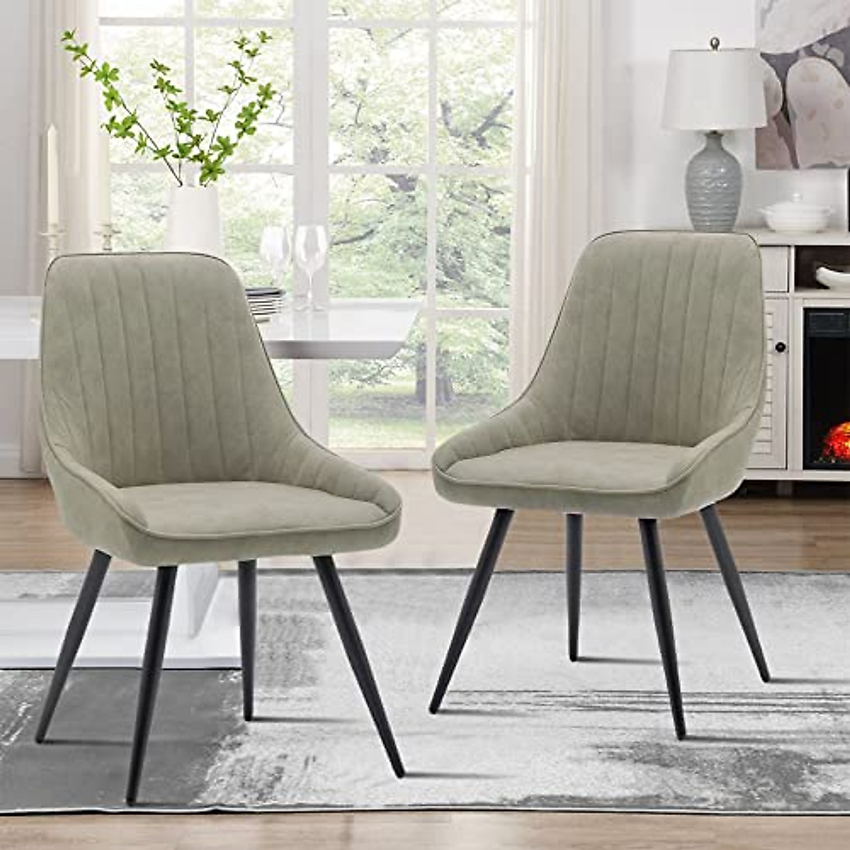Alunaune Modern Dining Chairs Set of 2 Upholstered Kitchen Chairs, Mid Century Armless Leisure Accent Chair, Living Room Faux Suede Desk Side Chair with Metal Legs-Grey Green