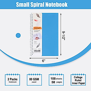 EOOUT 2 Pack Spiral Notebook, 6 x 9.5 Inches, Plastic Cover Lined Spiral Notebooks 50 Sheets, College Ruled Spiral Journal for Work School and Gifts