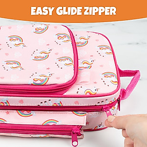 Insulated Lunch Box w Snack Pocket & Water Bottle Holder-Girls or Kids Unicorn School Lunchbox Tote Keeps Food Hotter or Colder Longer- Reusable Bag Fits Most Bento Boxes, Ice Packs- Back to School