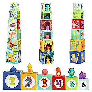 KMTJT Toddlers and Babies Dinosaur Sorting and Stacking Toys Blocks for 1-3 Kids Preschool Learning, Numbers Nesting Boxes Montessori Toys Gifts for 1 2 3 Year Old Baby Boys Girls