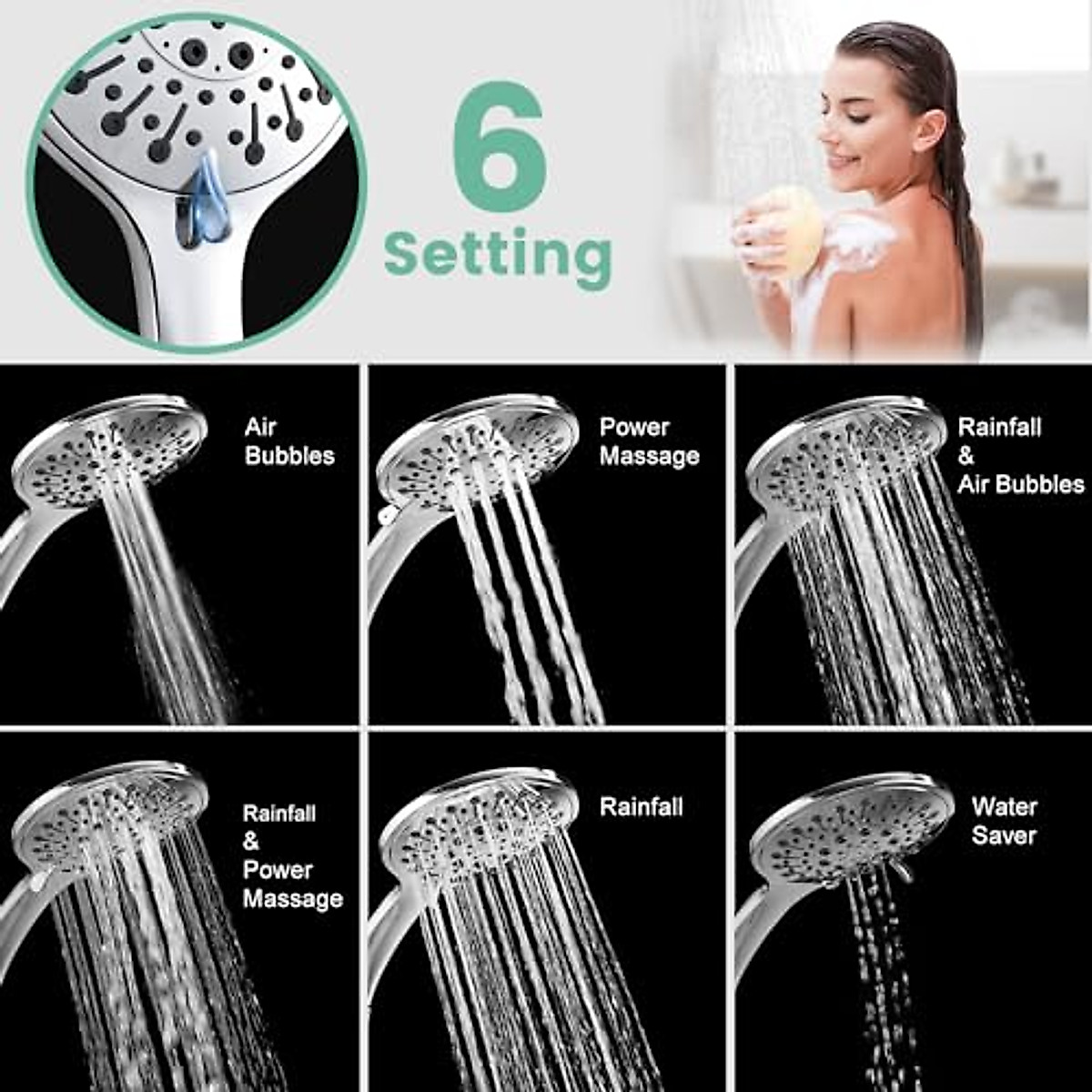 LINPUNG Handheld Shower Head, No Tingling Sensation, 6-Spray Modes, Chrome High Pressure Shower Head with Handheld, 59-inch Shower Hose, Rain Showerhead with Handheld Sprayer, Shower Wand California