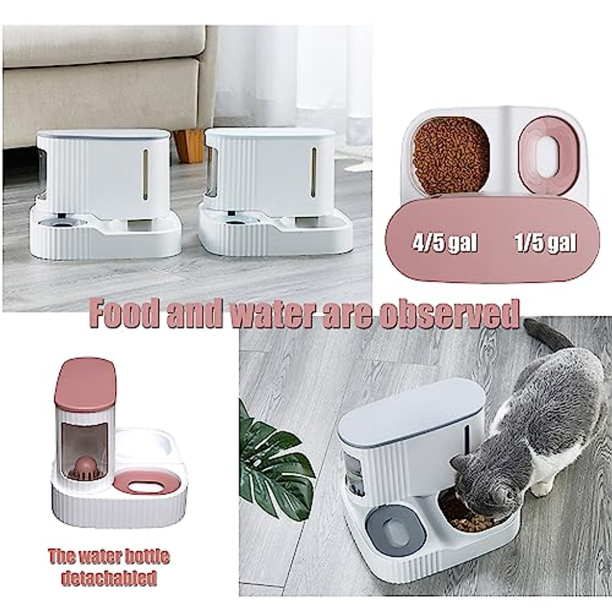 Junbec-Pet Automatic Cat Food Water Dispenser Gravity Pet Self Feeder Dry Food Bowl and Watering Supplies Dispenser for Indoor Small Medium Dog Puppy Kitten 2 in 1 (Pink)