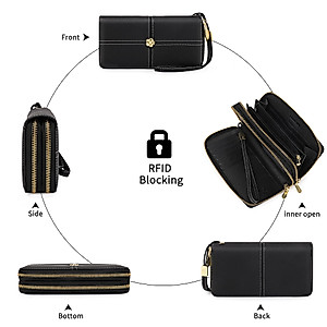 Pomelo Best Real Leather Women's Wallet with Camellia Ornament, RFID Blocking, Coin Pocket, Black, L