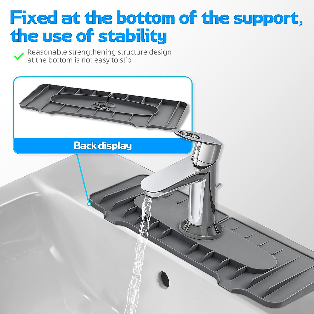 Silicone Faucet Splash Guard, 14.25 Inch Faucet Water Catcher Mat, Two water outlets Silicone Sink Mat, Faucet Handle Drip Catcher Tray Mat for Kitchen Countertop and Bathroom Sink Protectors (Grey)