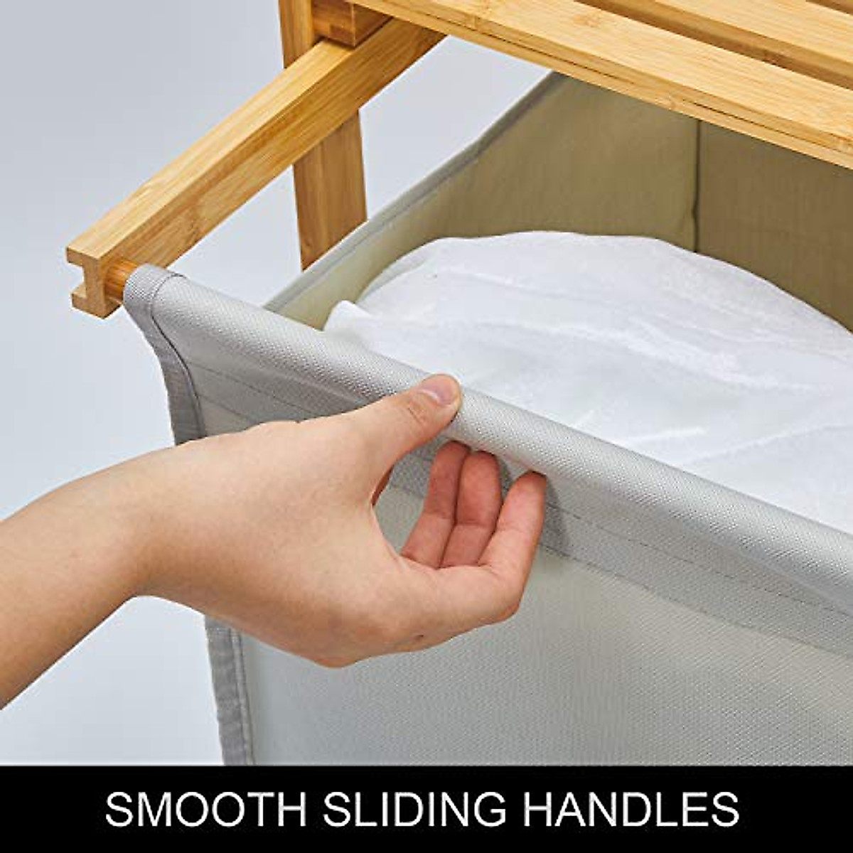 WORTHYEAH Bamboo Laundry Hamper and Shelf, Dual Compartments Laundry Basket with Removable Bag, 2 Sections Laundry Organizer and Storage, Wooden Bamboo Laundry Sorter