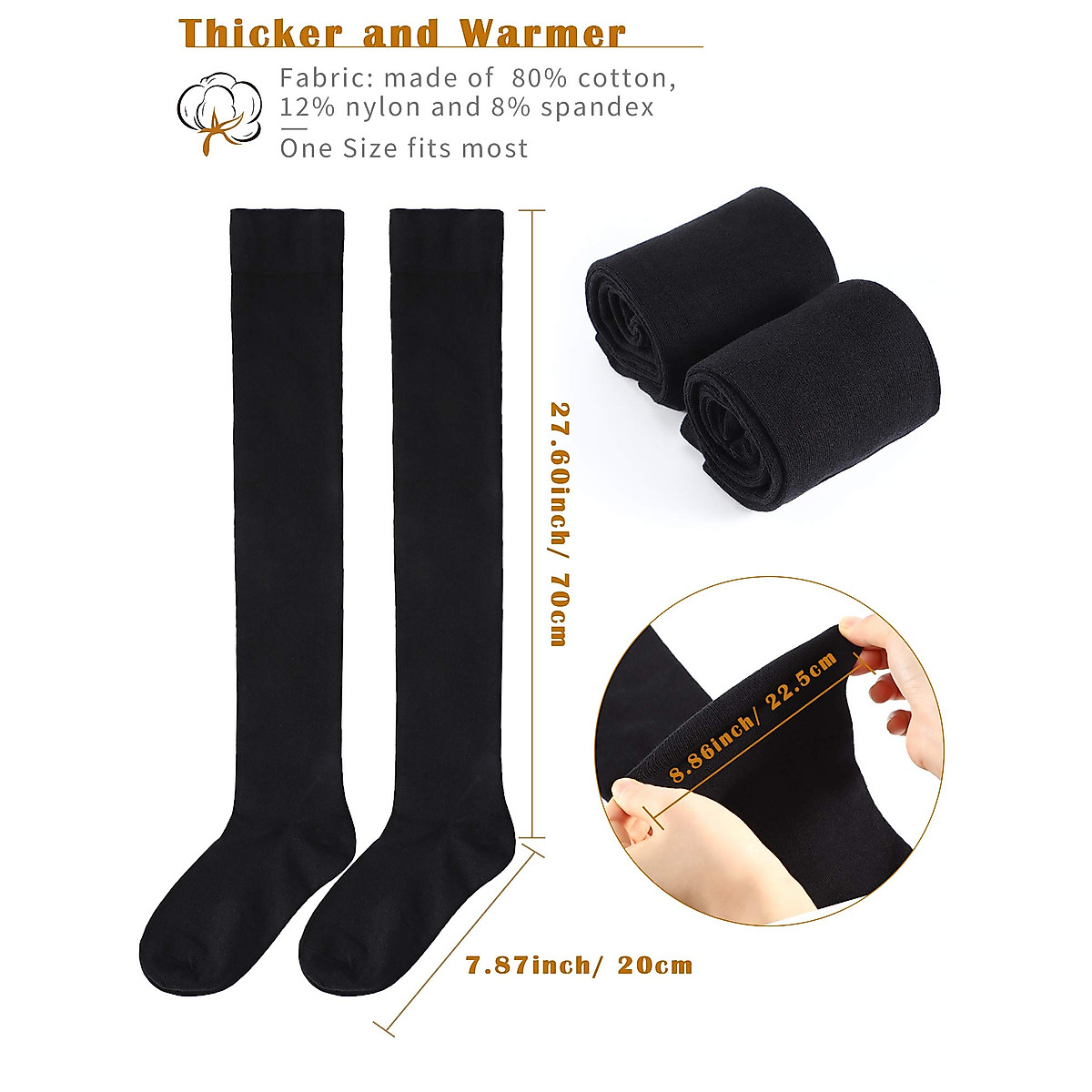 SATINIOR 3 Pairs Thigh High Socks Cotton Over Knee Socks Knit Long Boot Stocking, Black, Medium
