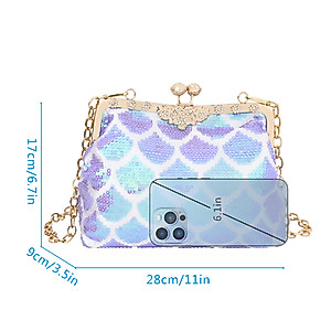 Women Mini Mermaid Scale Sequin Evening Handbag Clutch Chain Strap Cross-body Bag Kiss Lock