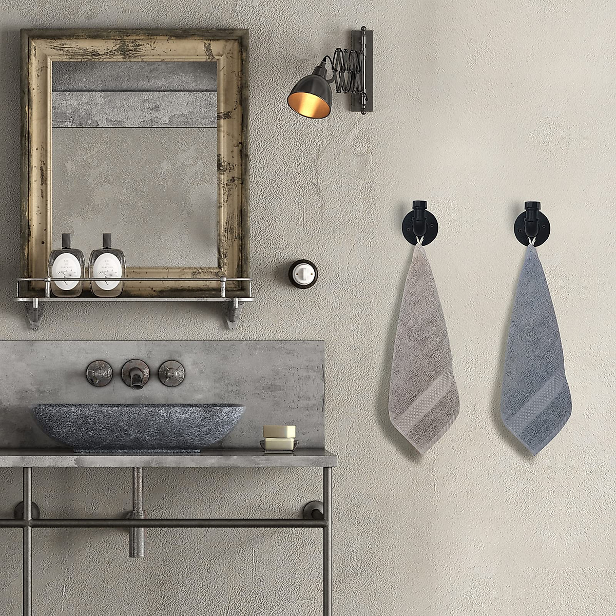 HouseAid Industrial Iron Pipe Towel Hook Holder, Farmhouse Rustic Robe Hook for Bathroom, Vintage Style Clothes Hook Hanger, Wall Mounted, Matte Black (4 Pack)