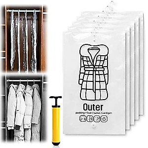 NEWDEZHI Hanging Vacuum Storage Bags, 2023 New Hanging Space Saver Bags, Outer Bags for Coats, Reusable Vacuum Seal Bags for Clothes with Pump (5pcs,L)