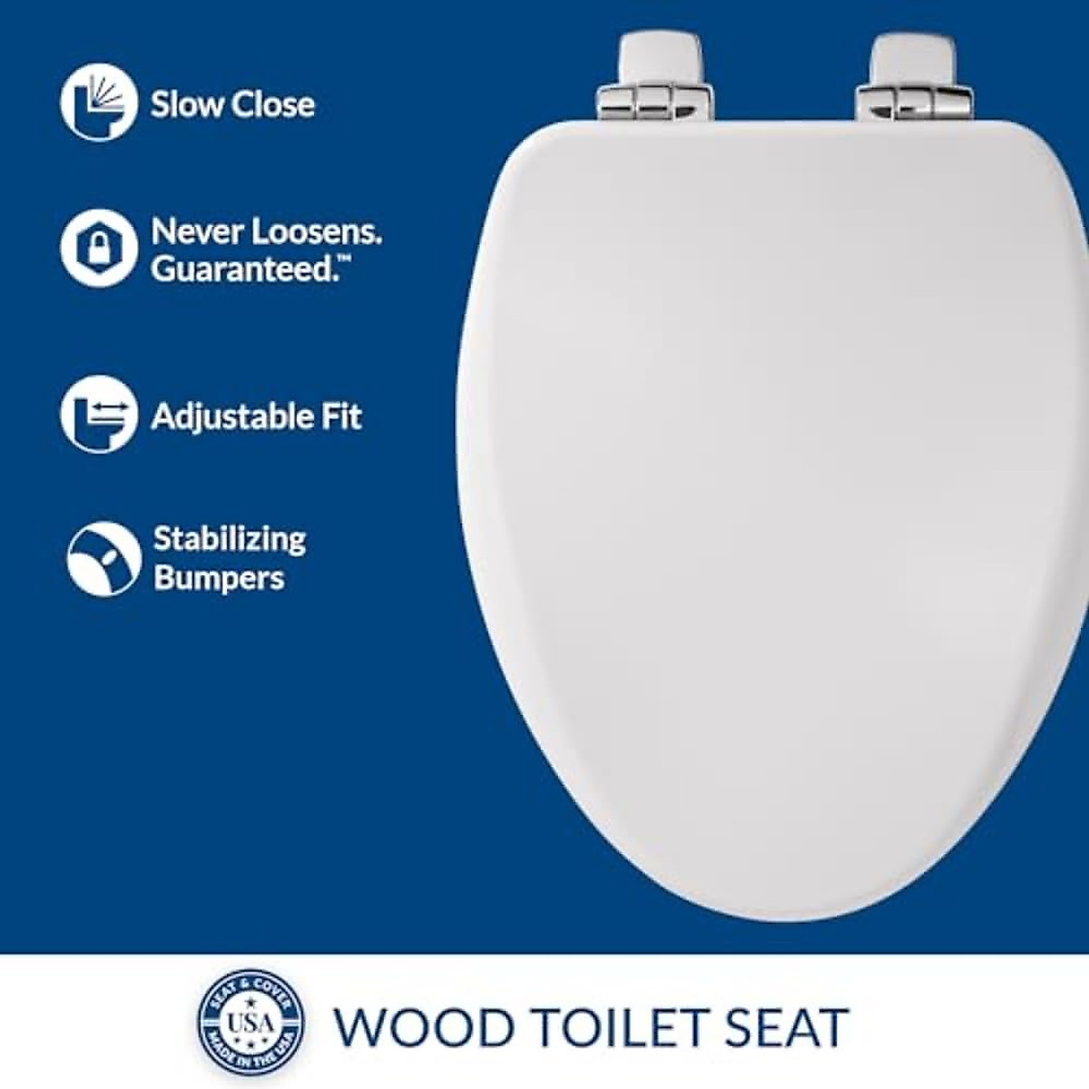 Bemis 19170CSLA 000 Alesio Toilet Seat with Chrome Hinges will Slow Close, Never Loosen and Provide the Perfect Fit, ELONGATED, High Density Enameled Wood, White