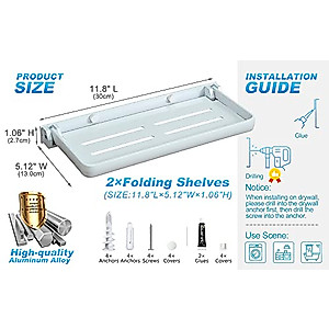 SKIKEN Wall Mounted Bathroom Folding Shelf, Small Shelves Rack for Laundry Room, 90° Fold Up, Metal Folding Panels for Bedside, Toilet Room, Extra Storage Shelf (2-Pack, White)