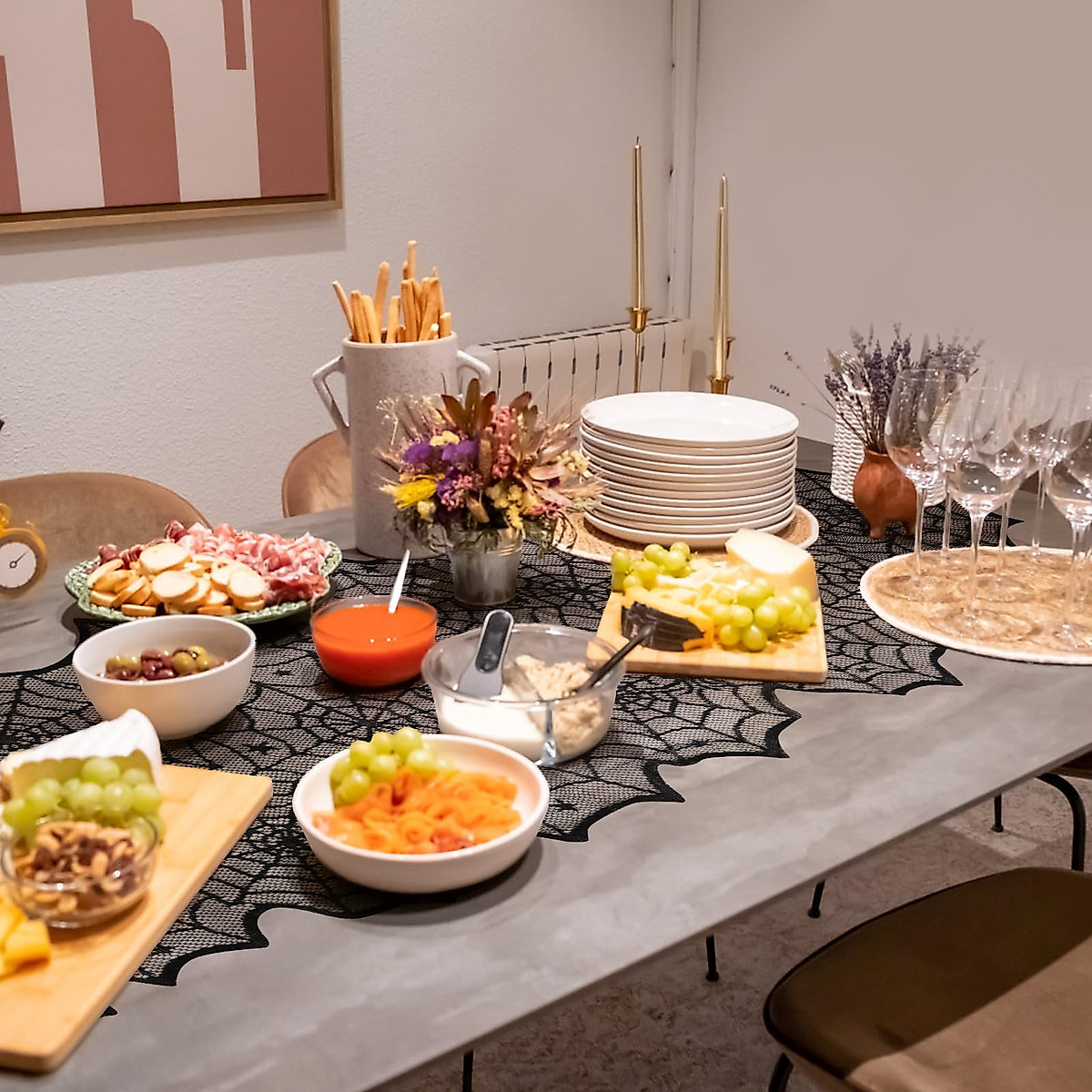 5 Pack Halloween Decorations Set Black Lace Tablecloth Round Cobweb Table Cover Fireplace Scarf Runner Lampshade with 36pcs 3D Bats for Halloween Decor Indoor Party Supplies (Halloween, One Size)