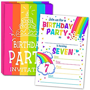 ukebobo Rainbow Greeting Card - 20 Happy Birthday Invitations for Child's 7th Birthday Party with Envelopes
