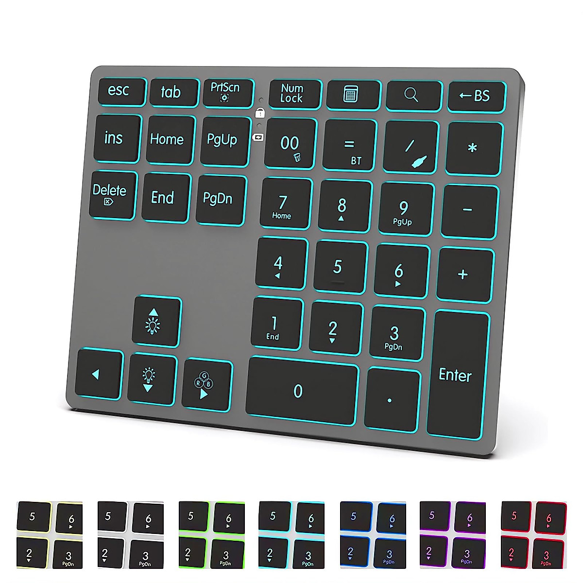 LINKEET Tri-Mode Aluminum Numpad 7-Color LED Backlit, BT5.0/USB/2.4G Wireless Rechargeable Number Pad 35-Key Scissor Switches Light Up Keycaps for PC/Laptop/Win/Mac, Grey Black