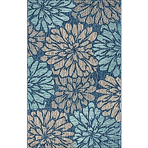 JONATHAN Y SMB110C-4 Zinnia Modern Floral Textured Weave Indoor Outdoor Area-Rug Bohemian Coastal Easy-Cleaning Bedroom Kitchen Backyard Patio Non Shedding, 4 X 6, Navy/Aqua