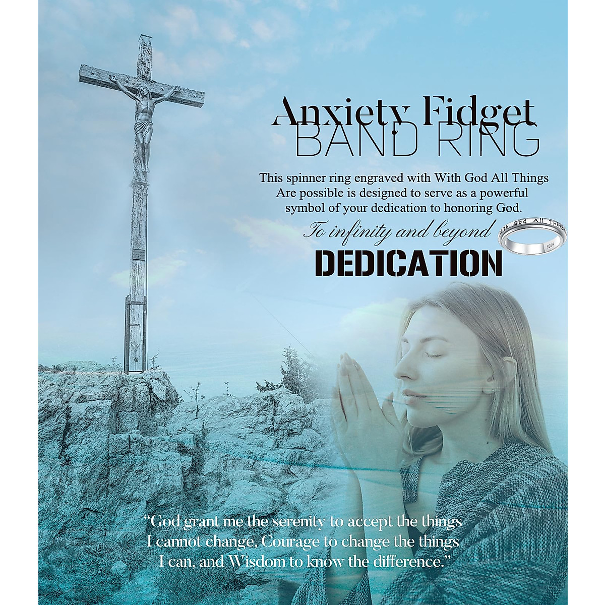 Ladytree Christian S925 Sterling Silver Spinner Ring for Anxiety Inspirational Ring Fidget Worry Relieving Boredom ADHD Autism Band for Women Size 6