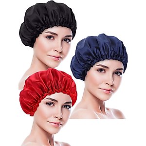 Blulu 3 Pieces Sleep Cap Satin Bonnet Night Sleeping Soft Hair Turbans for Women and Girls (Black red navy)