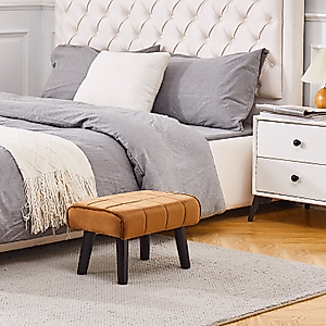 Cpintltr Small Foot Stool Ottoman Modern Accent Step Stool Seat with Solid Wood Legs Velvet Soft Padded Pouf Ottomans Sofa Footrest Stools 16 inch for Couch Living Room Bedroom Entryway Brown