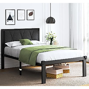 Feonase Twin Size Metal Bed Frame with Fabric Button Tufted Headboard, Platform Bed Frame with Heavy Duty Metal Slats, 12" Storage Space, Noise Free, No Box Spring Needed, Dark Grey