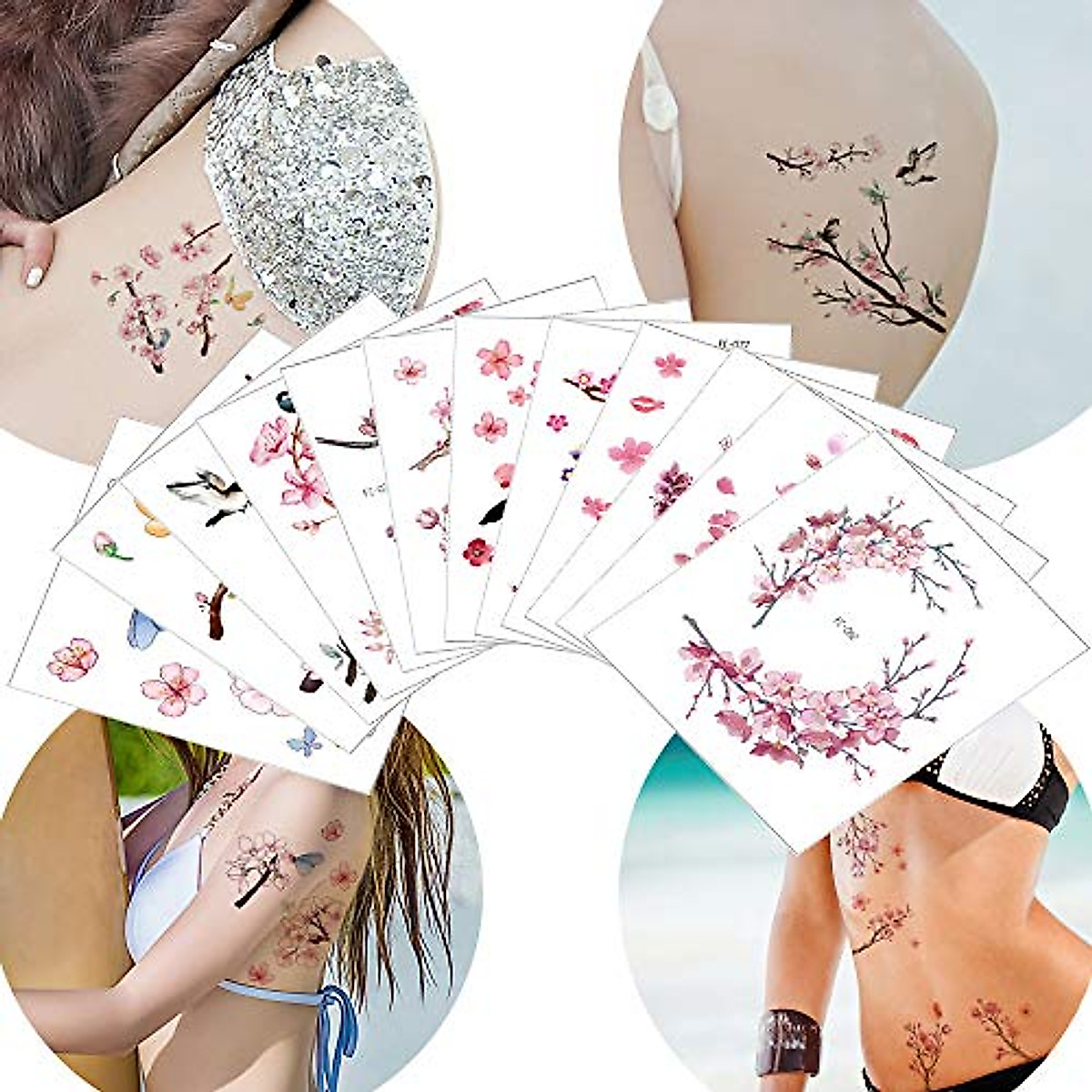 Glaryyears Flower Birds Temporary Tattoos, 12 Sheets Cherry Blossoms Fake Realistic Tattoo Sticker for Women Girls, Sexy Leaf Body Art for Seasons