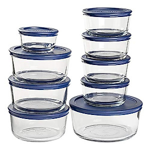 Anchor Hocking Glass Food Storage Containers with Navy SnugFit Lids (18-piece, round, BPA free, glass tempered tough for oven, microwave, fridge, and freezer)