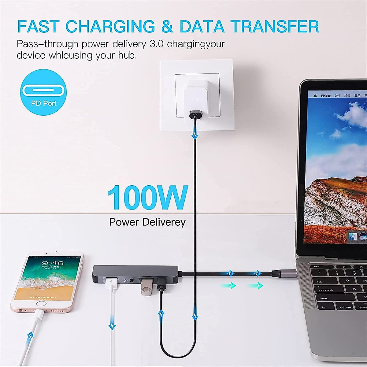 Type-c Docking Station, 5-in-1 Hub Usb3.0 3.5mm Audio Hdmi Pd Fast Charge Compatible with Windows Xp/Vista, Win 7/win8/win 10, Mac Os, Linux, Android (Silver) (Silver)