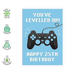 CENTRAL 23 Gaming Birthday Card for Him - 'You've Levelled Up!' - Happy 25th Birthday - Age 25 - Blue Greeting Card for Gamers - Fun Card For Adults, Friends - Son, Brother, Men