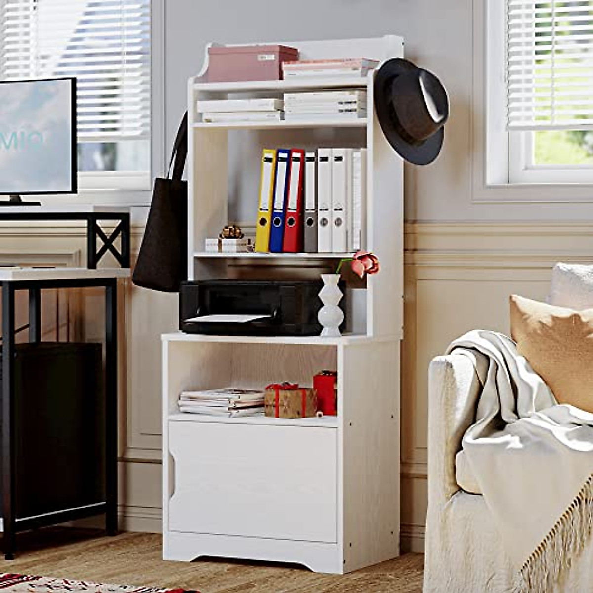 LIKIMIO Night Stand 55" Tall, End Side Table with with Charging Station and Storage Cabinet, Small Bookshelf, for Living Room Office Bedroom, Industrial White