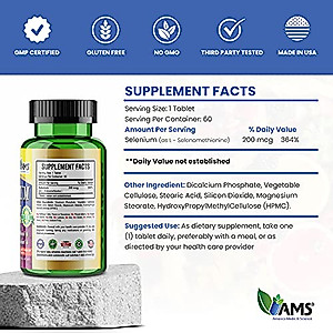 America Medic & Science Selenium 200 mcg (1 Pack of 60 Tablets) Pure Dietary Supplement for Men and Women, Essential Trace Mineral and Powerful Antioxidant Best for Immune Support and Thyroid Health