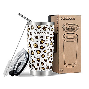 DLOCCOLD 20 oz Leopard Tumbler with Lid and Straw, 18/8 Stainless Steel Vacuum Insulated Tumbler,Insulated Travel Mug Water Cup with Leak-Proof Flip Lid,Metal Straw,Cleaning Brush & Gift Box