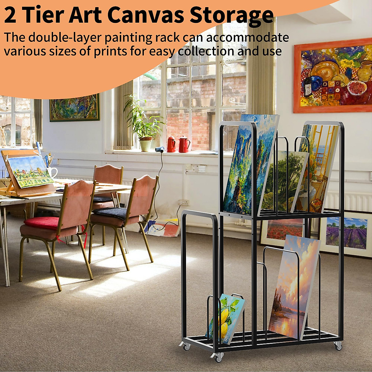 lukar Metal Art Storage Rack with Caster Wheels, 2 Tier Art Canvas Storage Rack, Large Artwork Storage Stand Canvas Organizer Art Drying Rack for Painting, Canvas, Artwork, Panels, Galleries