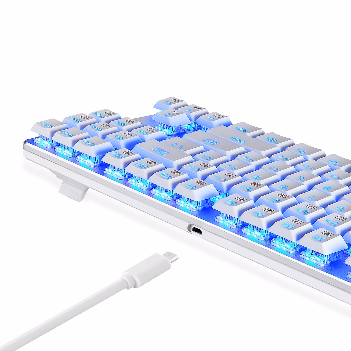 EagleTec KG061-BR BLUE LED Backlit Mechanical Gaming Keyboard Low Profile Mechanical Gamers Keyboard 87 Key Mechanical Computer USB Gaming Keyboard for PC (WHITE VERSION)