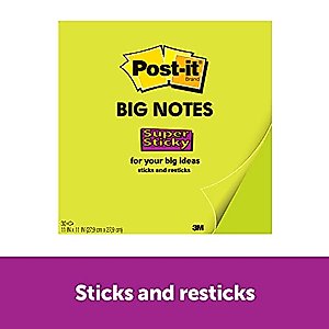 Post-it Super Sticky Big Notes, 11 in x 11 in, 1 Pad, 2X The Sticking Power, Neon Green (BN11G)