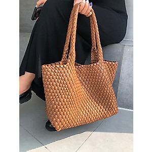 Brown Vegan Leather Woven Tote Bag for Women - Large Beach Bag with Small Purse, Handmade Top-handle Travel Handbag