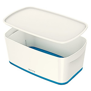 Leitz Small MyBox with Lid, Storage Box for Home and Office, High Gloss Plastic, 5 Litre, A5, White/Blue Metallic