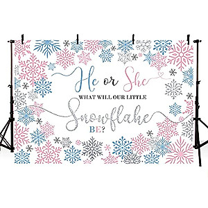 ABLIN 8x6ft Snowflake Gender Reveal Backdrop He or She What Will Our Little Snowflake Be Theme Party Banner Blue Pink Snowflakes Photography Background Decor Photo Booth Props