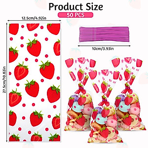 50 PCS Strawberry Cello Bags, Strawberry Cello Treat Bags Plastic Clear Goodie Candy Gift Treat Bags, Strawberry Goodie Bags with 50 Pieces Twist Tie for Strawberry Birthday Party Decoration