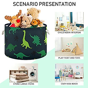 Kigai Green Camo Dinosaur Storage Basket, Collapsible Round Toy Storage Bin, Decorative Laundry Hamper with Handles, Large Organizer Bins