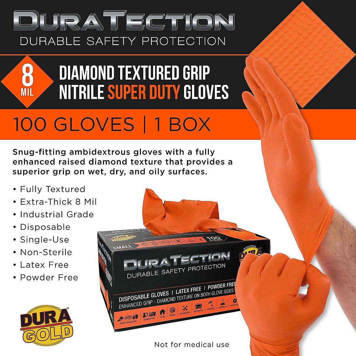 Dura-Gold Duratection 8 Mil Orange Super Duty Diamond Textured Nitrile Disposable Gloves