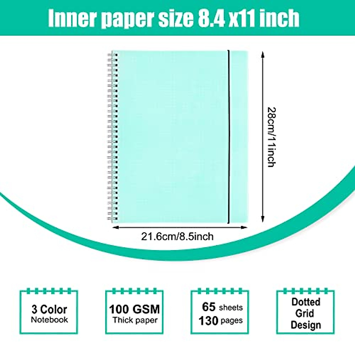 EOOUT 3 Pack Dotted Spiral Notebook, 8.5" x 11", A4 Journal for Women, Back to School, Thick Plastic Cover, 100gsm, for School, Office, Artist Writing/Drawing (Candy Colors)