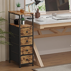 YBING Narrow Side Tables for Small Spaces, Slim Dresser with 4 Fabric Drawers, Small Chest of Drawers, Skinny Nightstand,Wood Brown