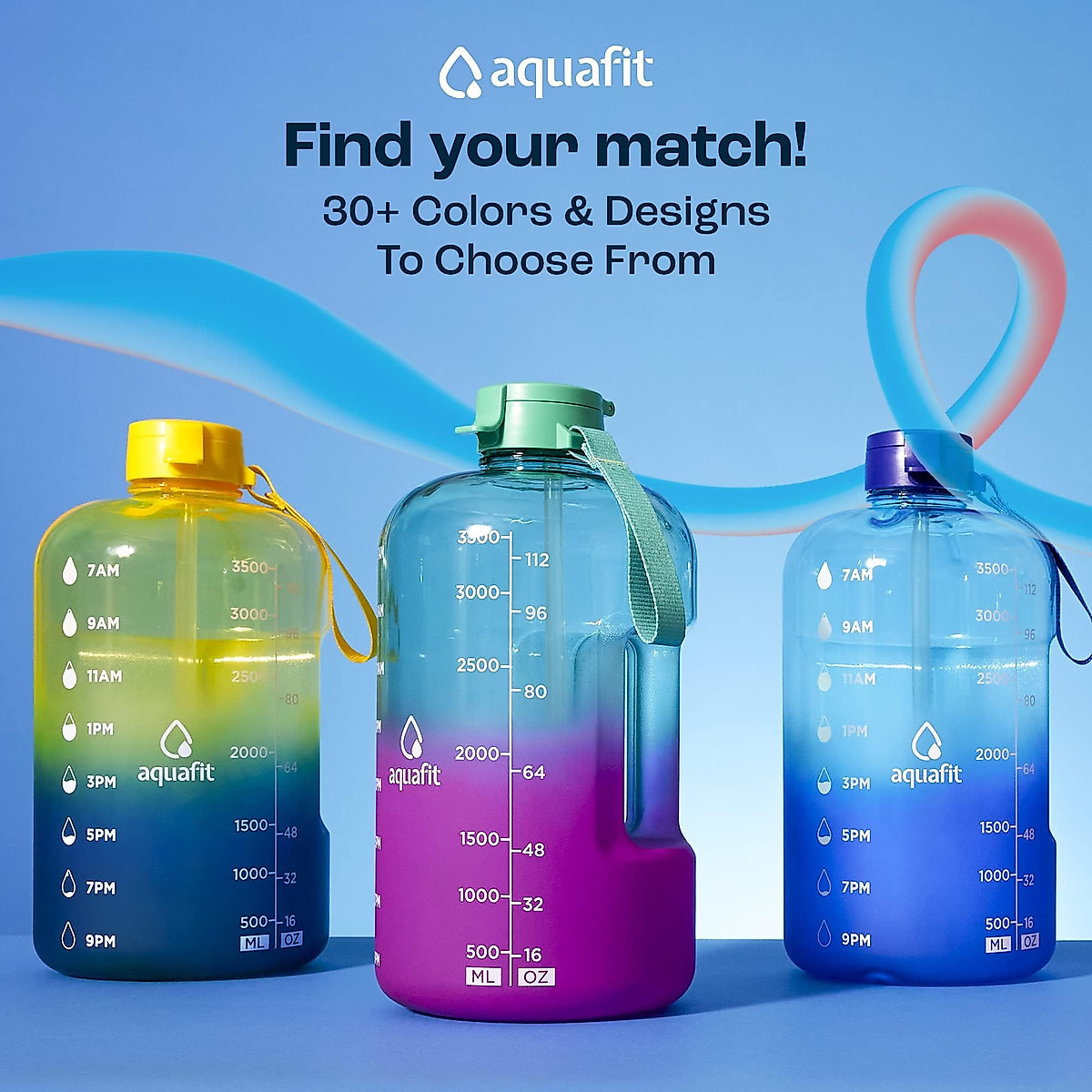 AQUAFIT Half Gallon Water Bottle With Times To Drink - 64 oz Water Bottle With Straw - Water Jug - Motivational Water Bottle - Large Water Bottle - Sports Water Bottle With Time Marker for Gym