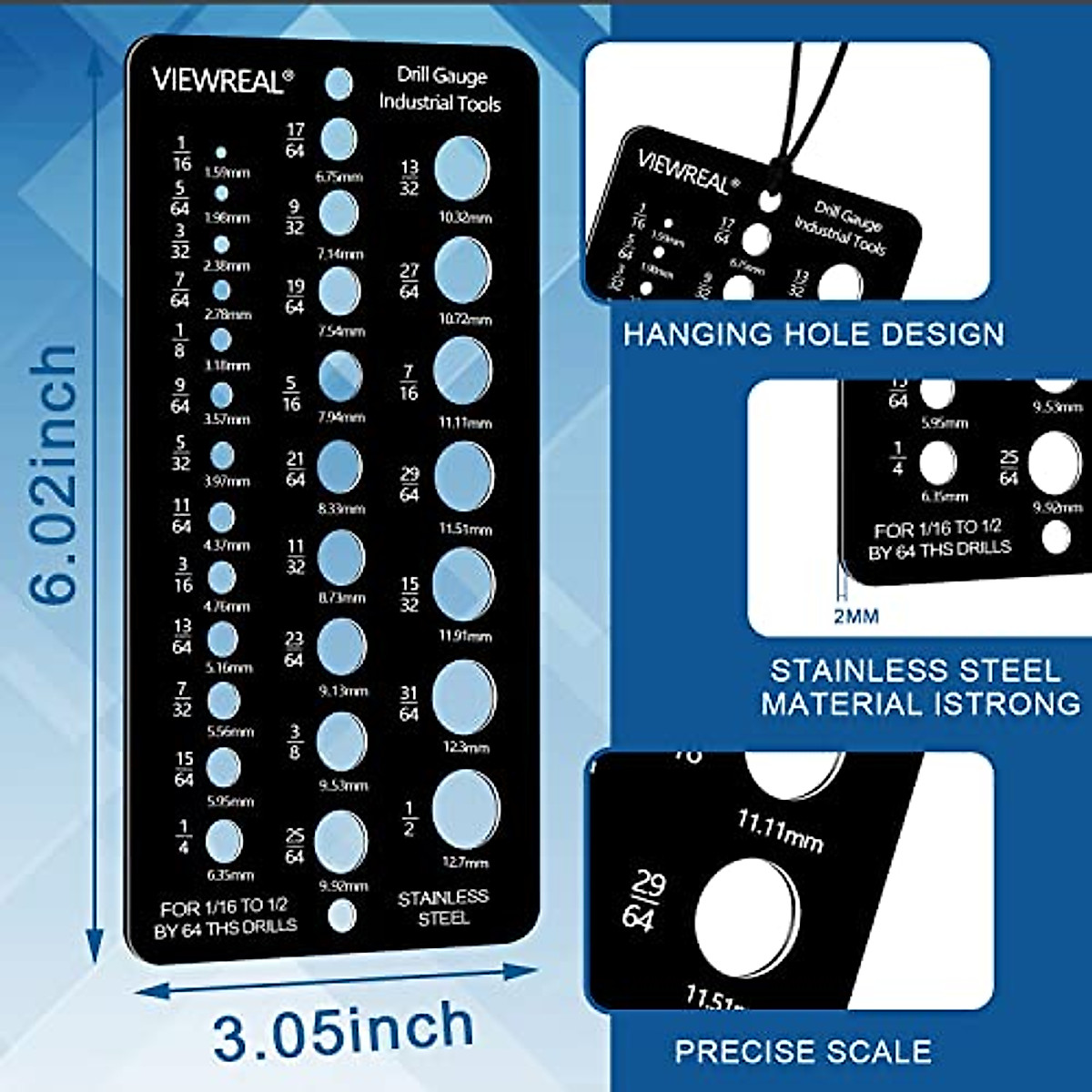 Drill Bit Gauge Fractional Drill Bit Size Gauge, Stainless Steel Drill Gauge, 29-Holes Standard Metric Size Drill Bit Gauge for 1/16 Inch to 1/2 Inch Drill Bit Index, 1pc Black+1pc Silver