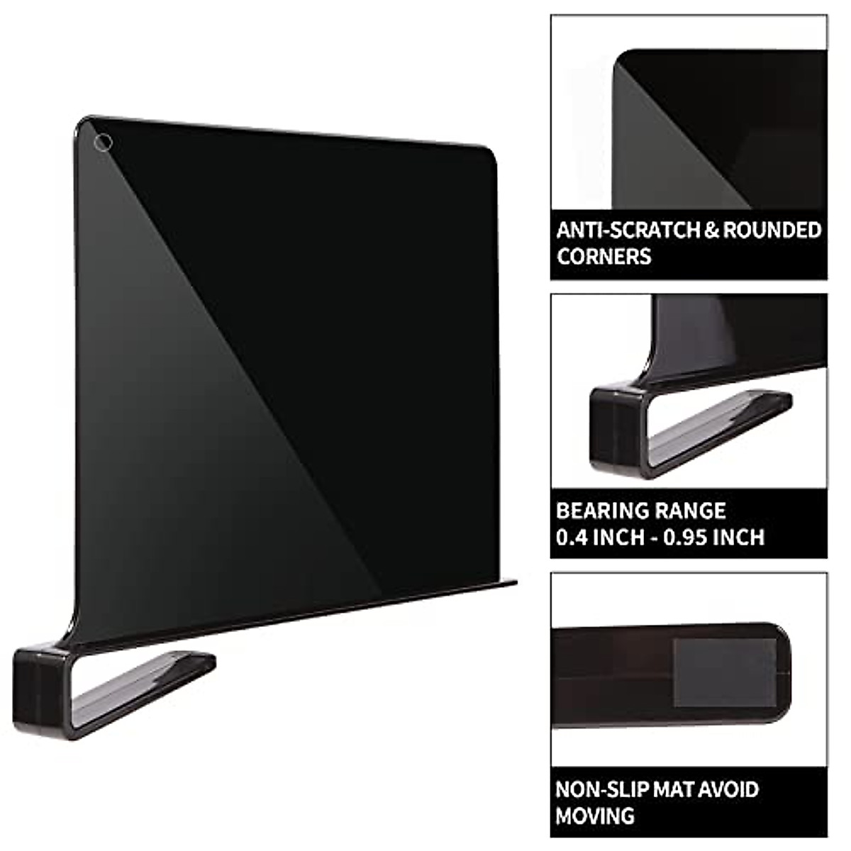 HAVIGET Acrylic Shelf Dividers for Closet Organization - Cabinet and Bookshelf Organizer for Shirt, Handbag, Sweater, Purse and Books - Plastic Separator in Kitchen, Bedroom, Garage (Black, 8 Packs)