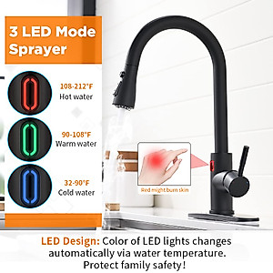 OWOFAN Touchless Kitchen Faucet with Pull Down Sprayer LED Light Single Handle Kitchen Sink Faucet Motion Sensor Smart Hands-Free, Stainless Steel Black 1072R