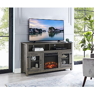 TV Stand with Electric Fireplace Modern Farmhouse, Fit up to 65" Flat Screen TV with Storage Cabinet and Adjustable Shelves Industrial Entertainment Center for Living Room, Grey