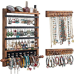 QILICHZ Jewelry Organizer Wall Mounted Wall Jewelry Organizer Set of 3 Wood Hanging Jewelry Organizer Rustic Jewelry Hanger for Jewelry Storage Display Gift (Brown+Black)