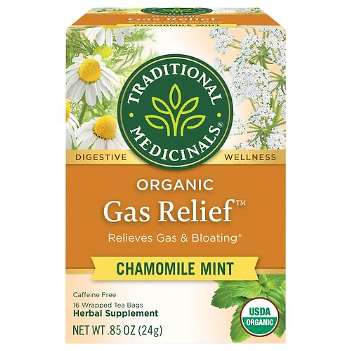 Traditional Medicinals Organic Gas Relief Chamomile Mint Herbal Tea, Relieves Gas & Bloating, (Pack of 1) - 16 Tea Bags